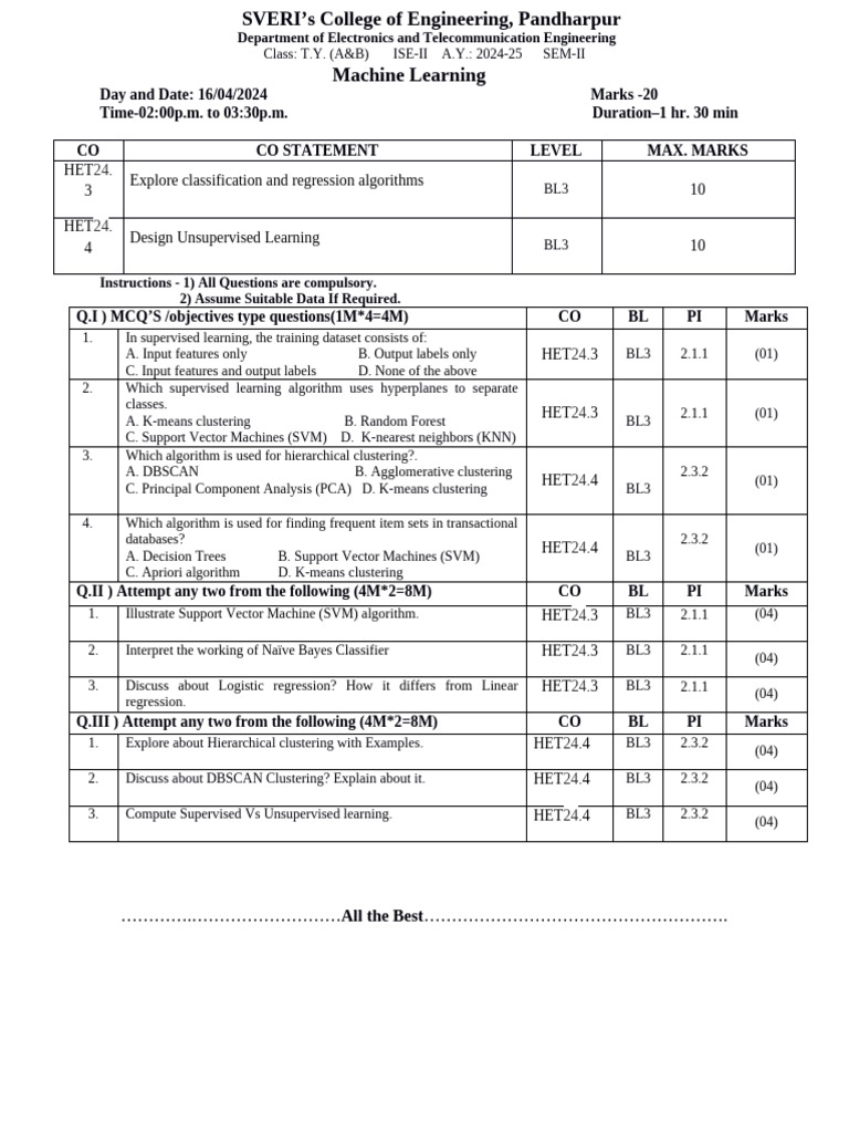 ML Ise II QP Ty (A&b) Sem II 2024 25 | PDF | Support Vector Machine ...