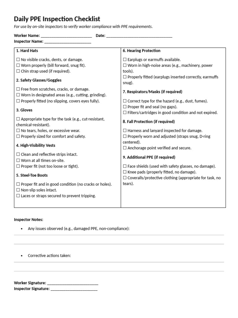 Daily PPE Inspection Checklist | PDF | Personal Protective Equipment ...