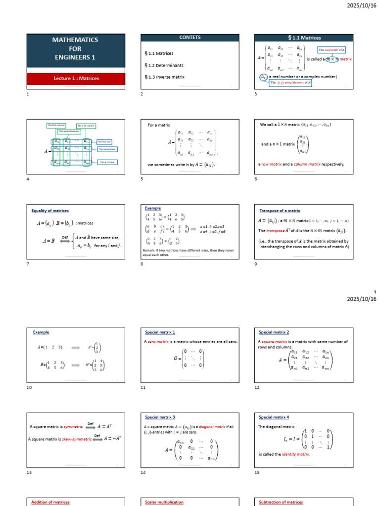 2025 - Math For Engineers 1 - Handout - Lecture 1 | PDF | Matrix ...