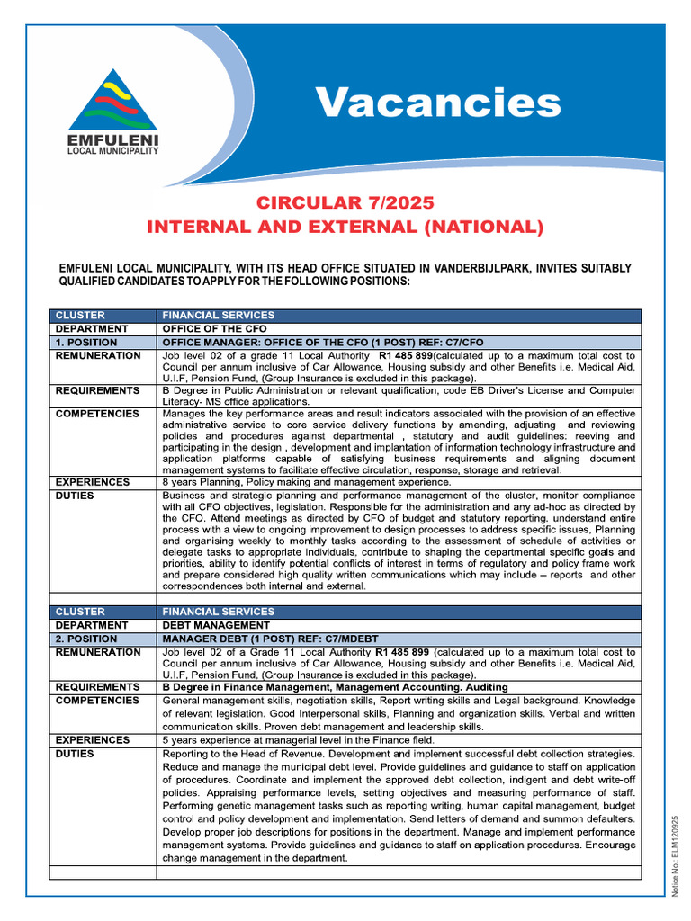 Emfuleni Municipality Job Vacancies 2025 | PDF | Civil Engineering | Wash