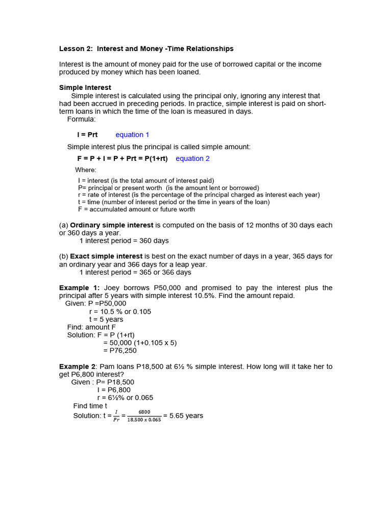 Lesson 2 Interest and Money Time Relartionships Simple Interest | PDF | Interest | Loans
