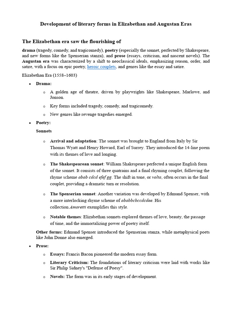 Unit-II-Development of Literary Forms in Elizabethan and Augustan Eras ...