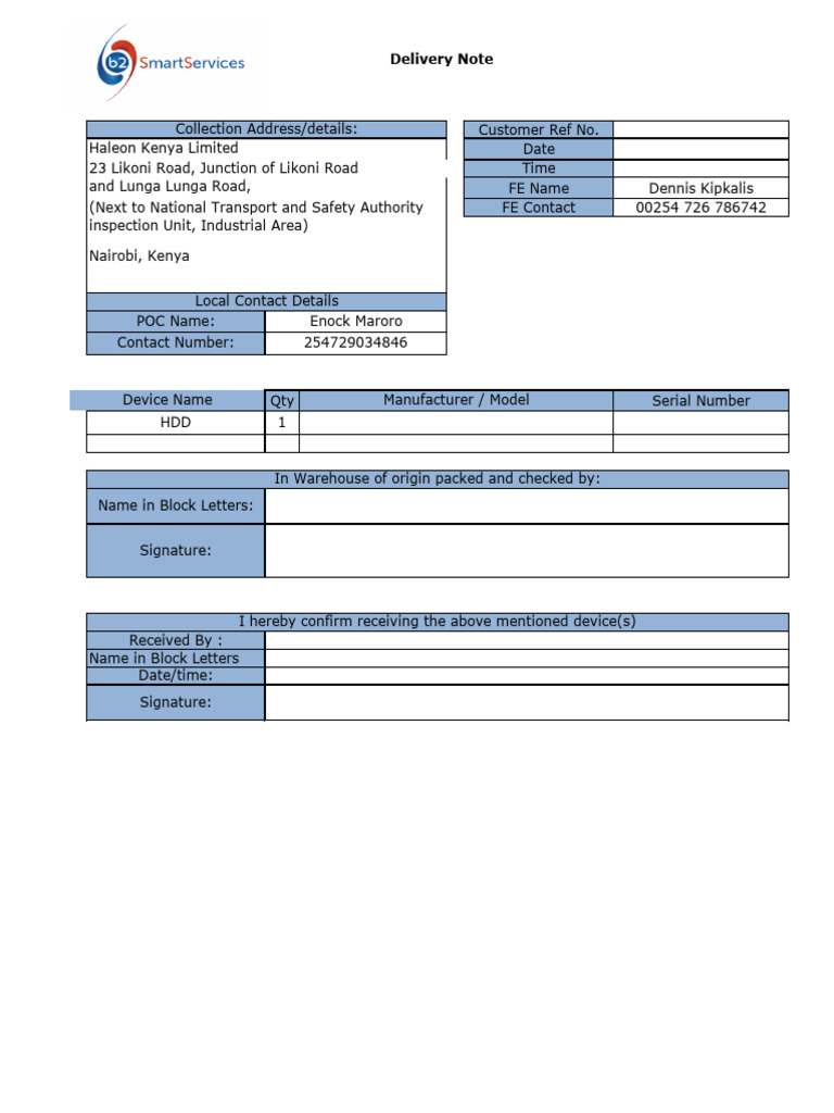 Delivery Note for HDD Device Receipt | PDF