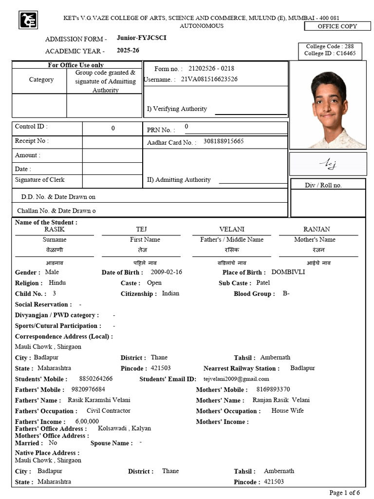Admission Form - 21VA081516623526 | PDF