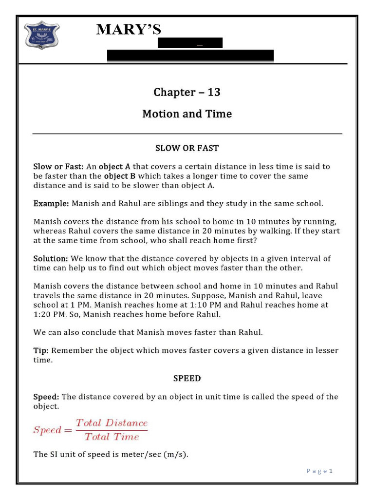 Smas Vii Science (Physics) CH - Motion&time Studymat | PDF