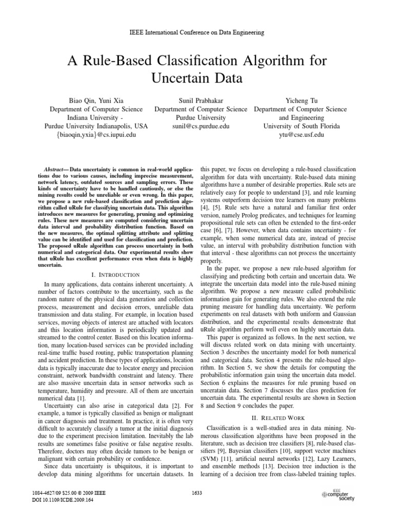 A Rule-Based Classification Algorithm For Uncertain Data | PDF | Statistical Classification ...