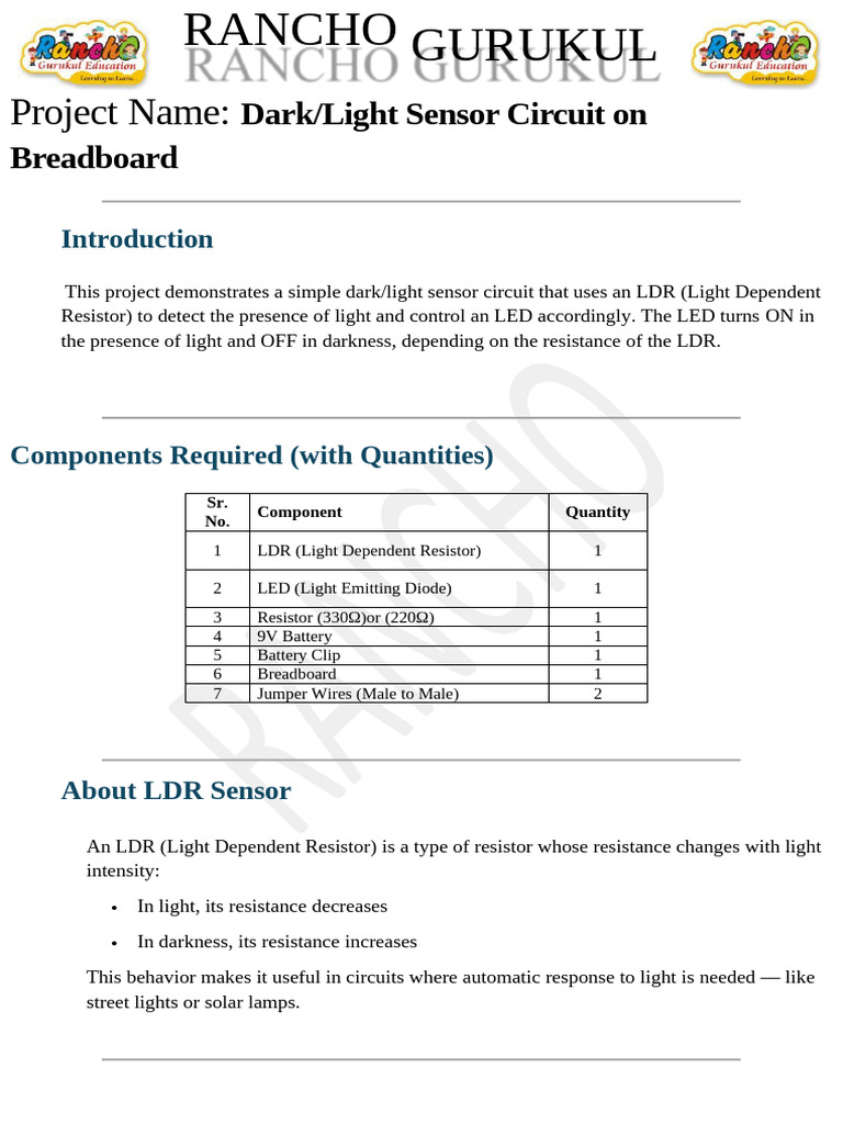 Dark and Light Circuit On Breadboard | PDF | Light Emitting Diode | Resistor