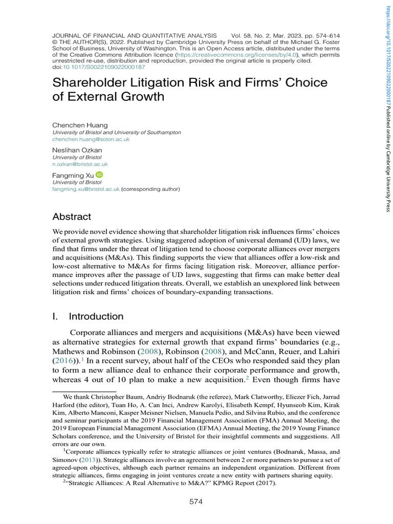 Shareholder Litigation Risk and Firms Choice of External Growth | PDF ...