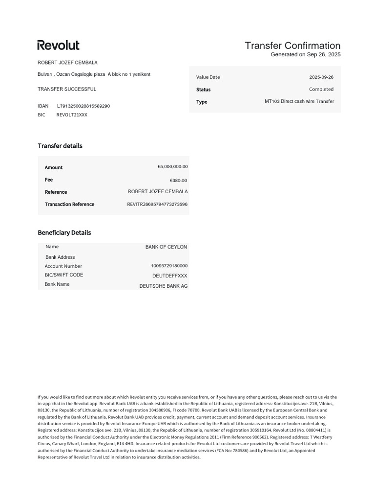 Revolut MT103 Wire Transfer Details | PDF | Wire Transfer | Banks