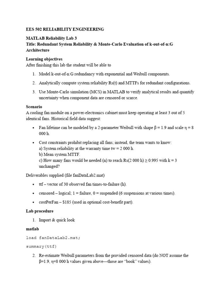 MATLAB Reliability Engineering Lab Exercise3 | PDF | Reliability Engineering | Applied Mathematics