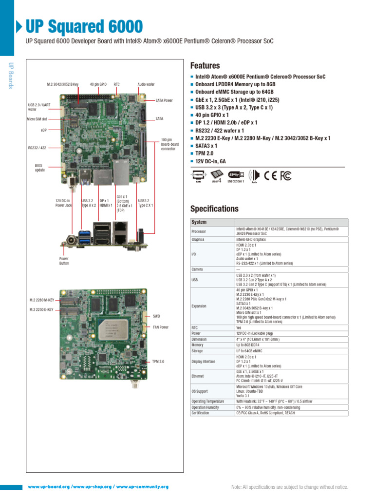 UP Squared 6000 Datasheet v4 | PDF | Usb | Computing