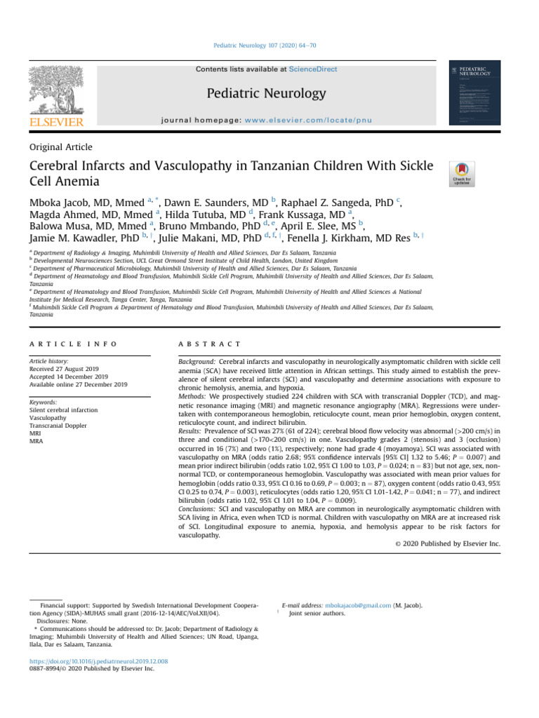 Cerebral Infarcts and Vasculopathy in Tanzanian CH | PDF | Hemoglobin ...