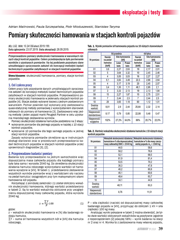 Pomiary Skutecznosci Hamowania W Stacjach Kontroli Pojazdow 44736 | PDF
