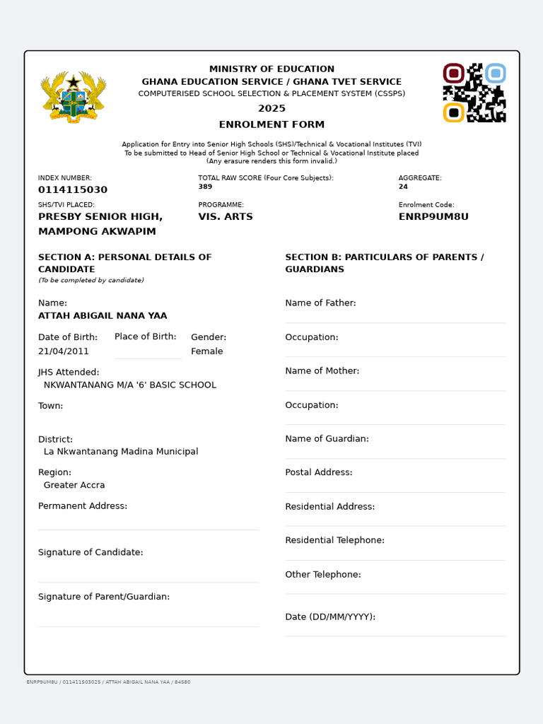 Ghana SHS/TVI Enrolment Form 2025 | PDF | Educational Stages