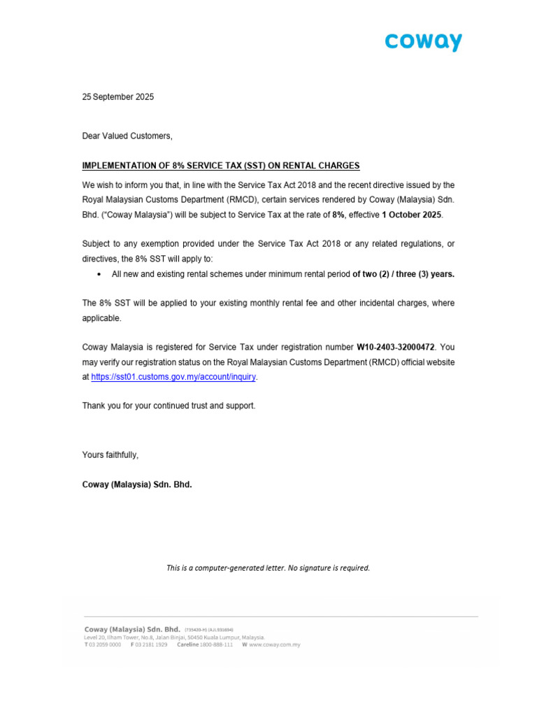 (LETTER) Coway - SST Notification Letter | PDF