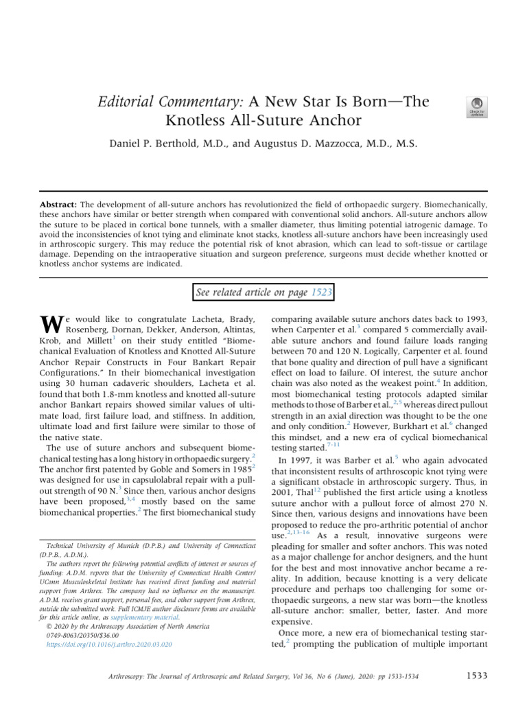 Editorial Commentary A New Star Is Bornâ - The Knotless All-Suture Anchor (Berthold, Daniel P ...