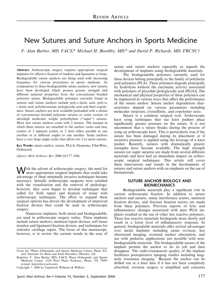 New Sutures and Suture Anchors in Sports Medicine (Alan Barber, F ...