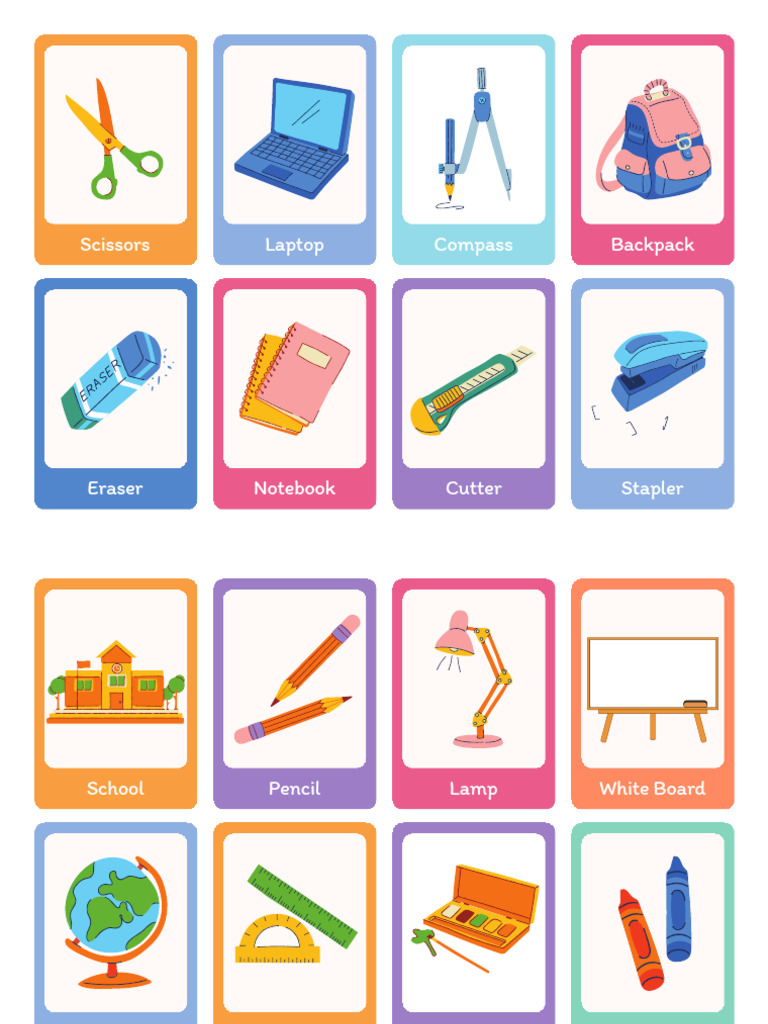 Colourful Illustrative School Objects Back To School Flashcards | PDF