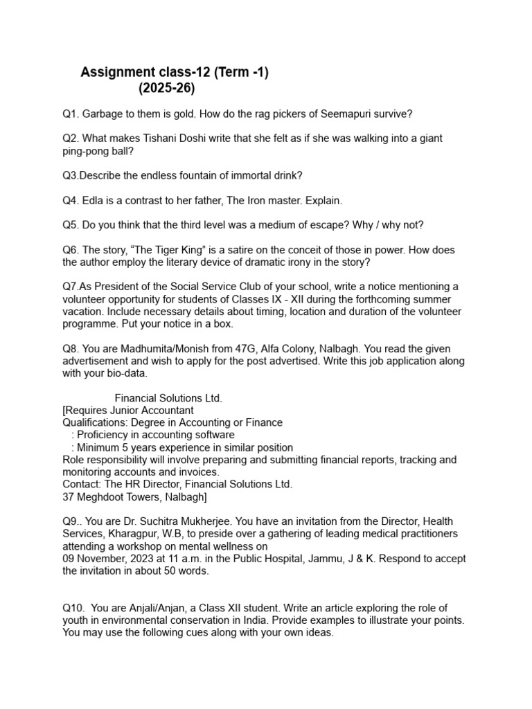 Class 12 Term 1 Assignment Questions | PDF