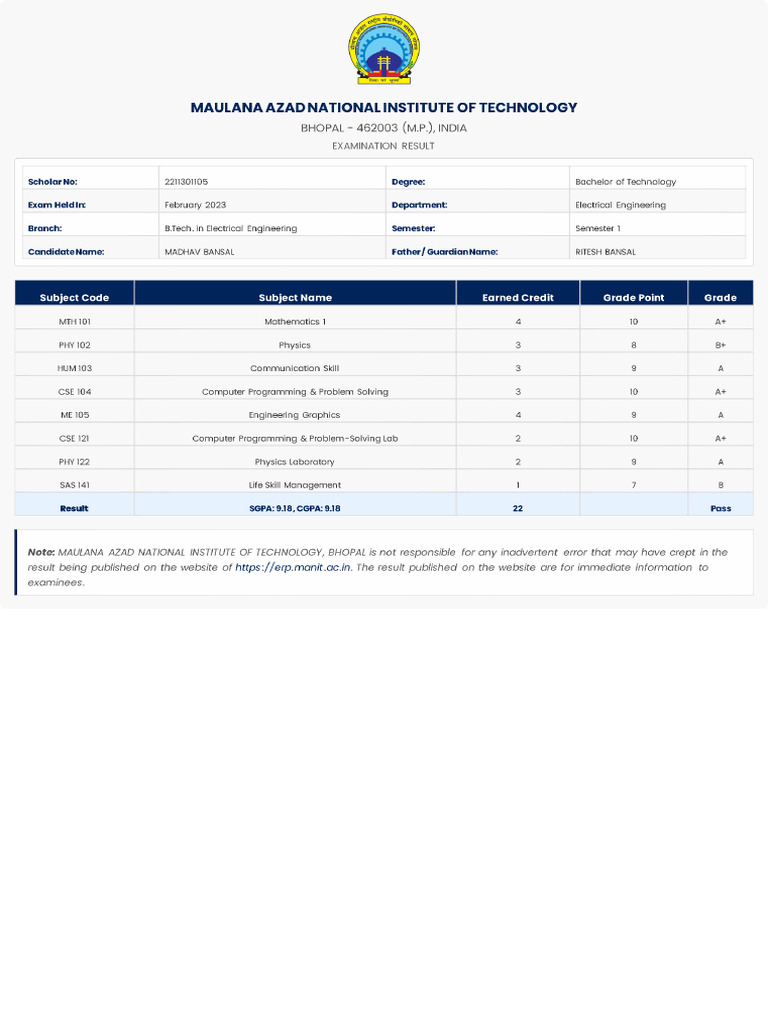 Semester Semester 1 Result | PDF