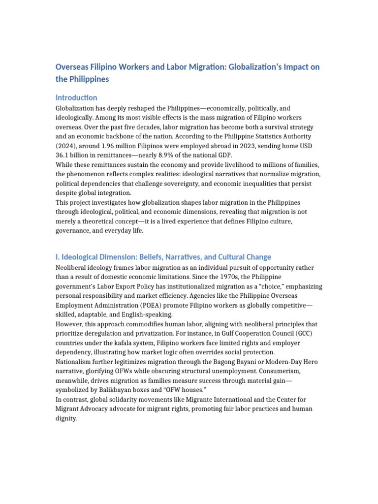 Impact of Globalization on OFW Migration | PDF | Human Migration ...