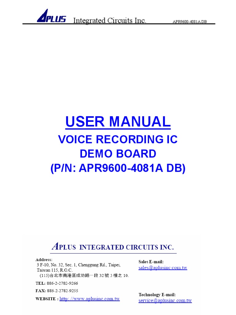 User Manual: Voice Recording Ic Demo Board (P/N: APR9600-4081A DB) | PDF | Electronic ...