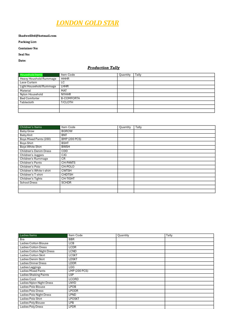 London Gold Star: Production Tally | PDF | Blouse | Trousers