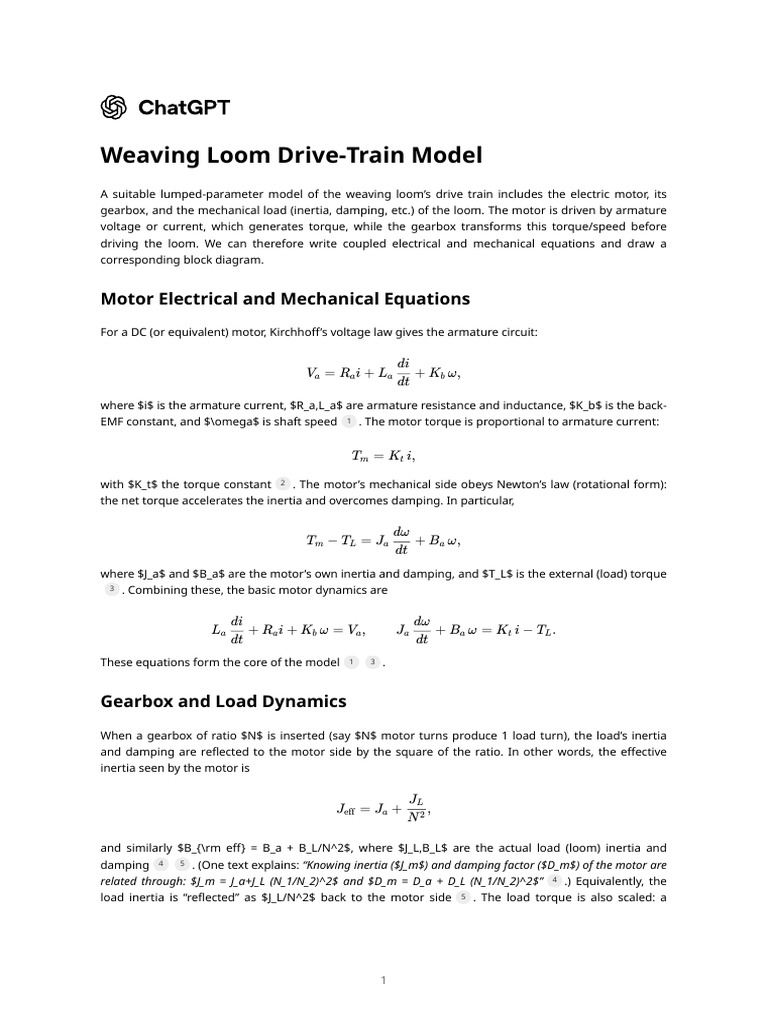 Weaving Loom Drive Train Model | PDF | Electric Motor | Torque