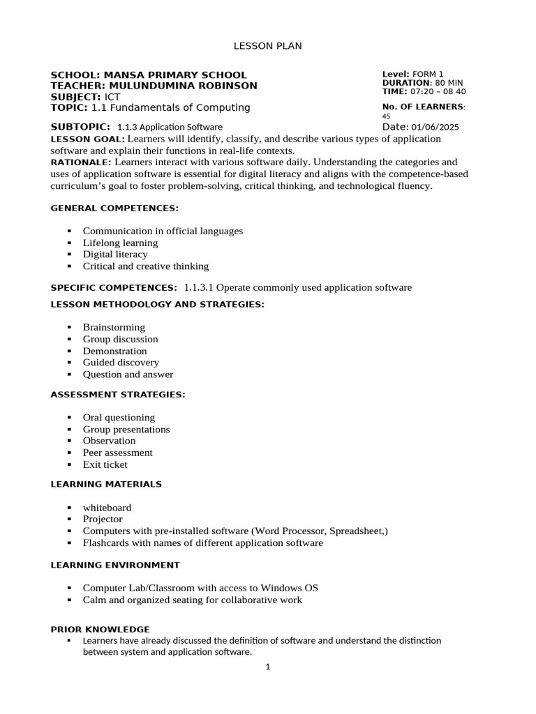 Application Software Lesson Plan | PDF | Learning | Software