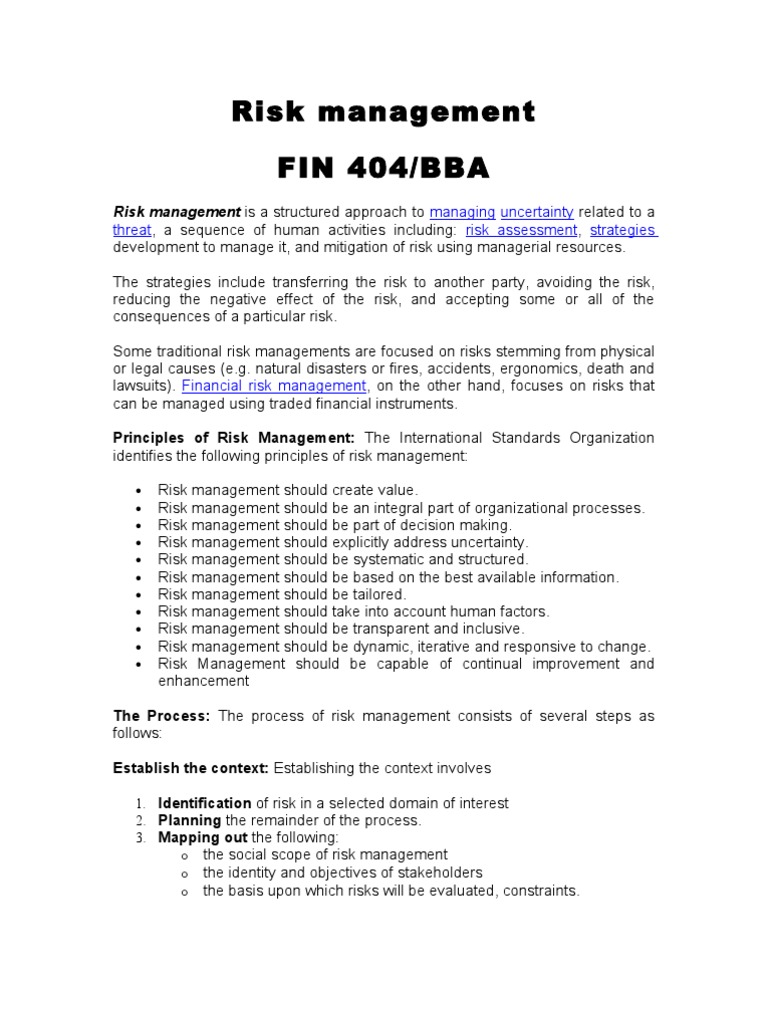 Risk Management FIN 404/BBA | PDF | Risk Management | Risk