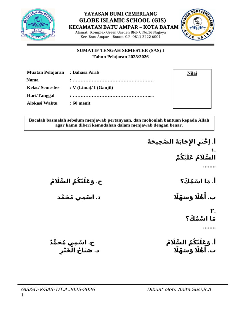Arabic Soal Sas g5 TP 2025 Ok | PDF