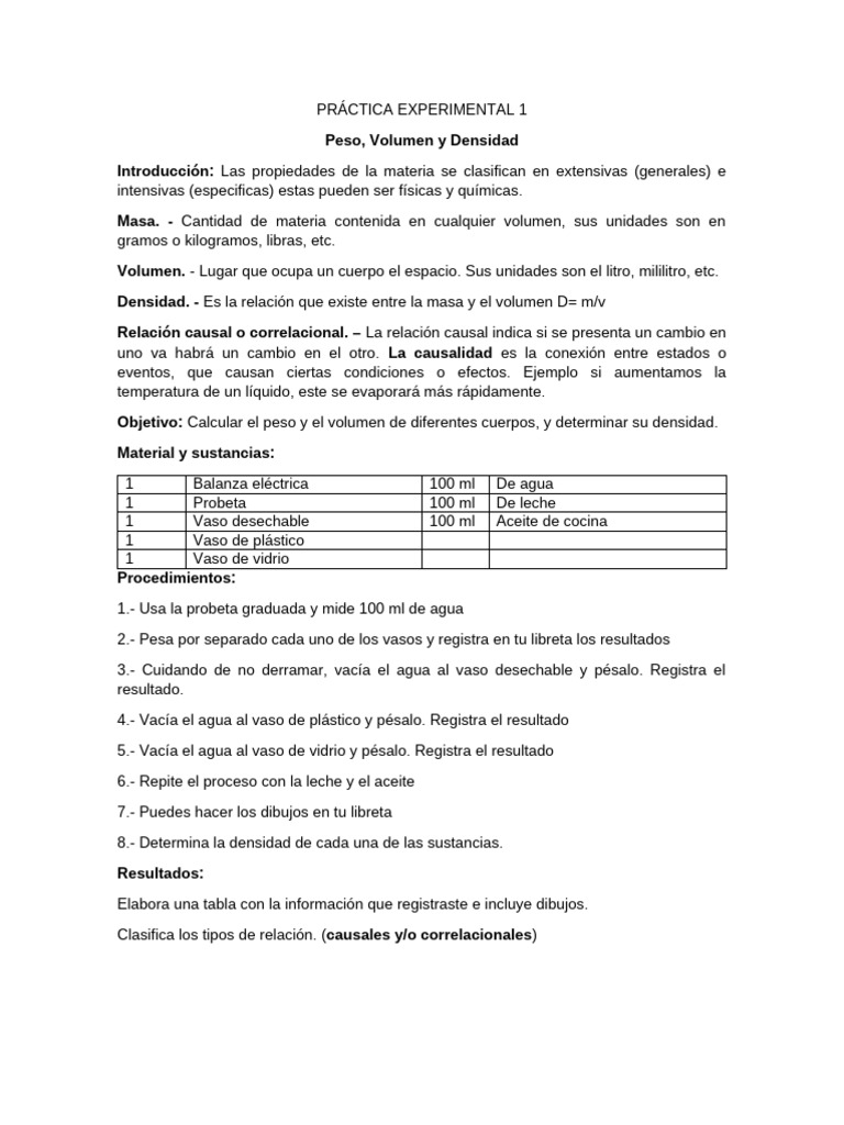 Práctica 1 Propiedades de La Materia | PDF | Densidad | Volumen