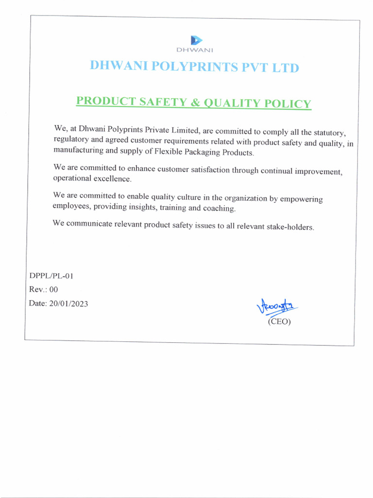 01 Product Safety & Quality Policy | PDF