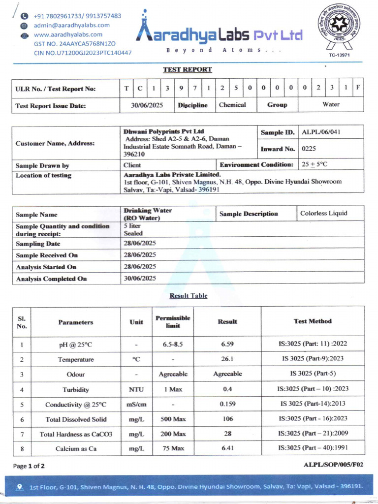1.2 Drinking Water Test Report - 1 - (Daman) TC-231 | PDF