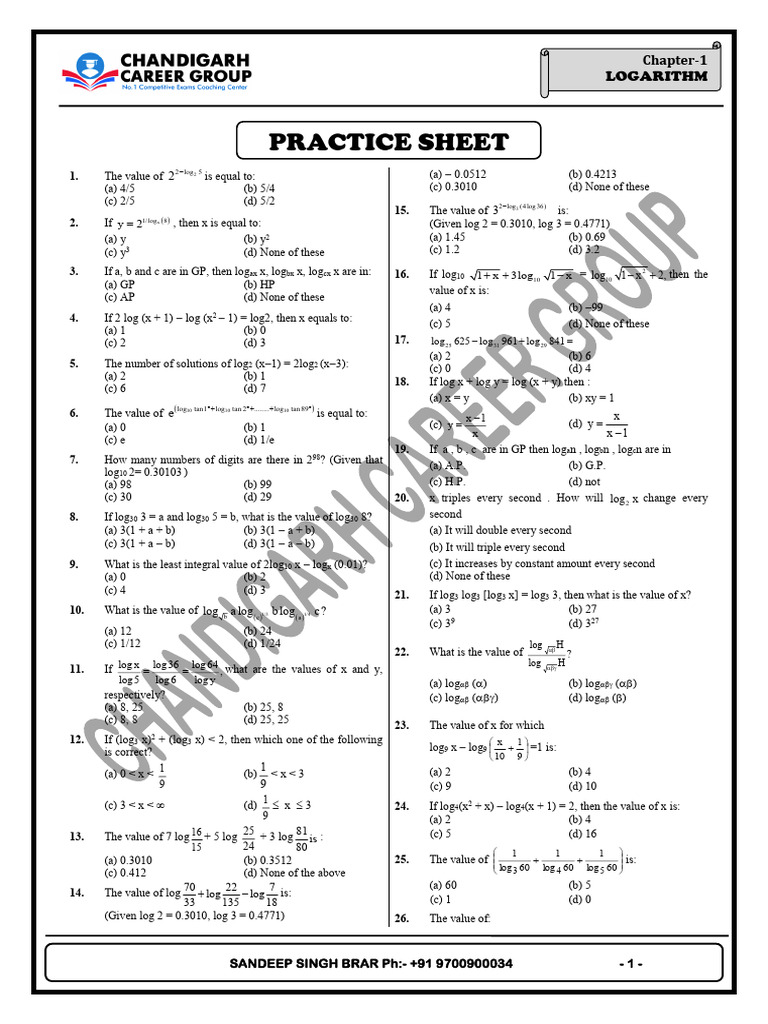 Logarithm Practice Sheet with Solutions | PDF | Chess Openings | Chess ...