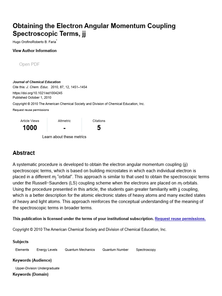 Obtaining The Electron Angular Momentum Coupling Spectroscopic Terms, JJ - Journal of Chemical ...