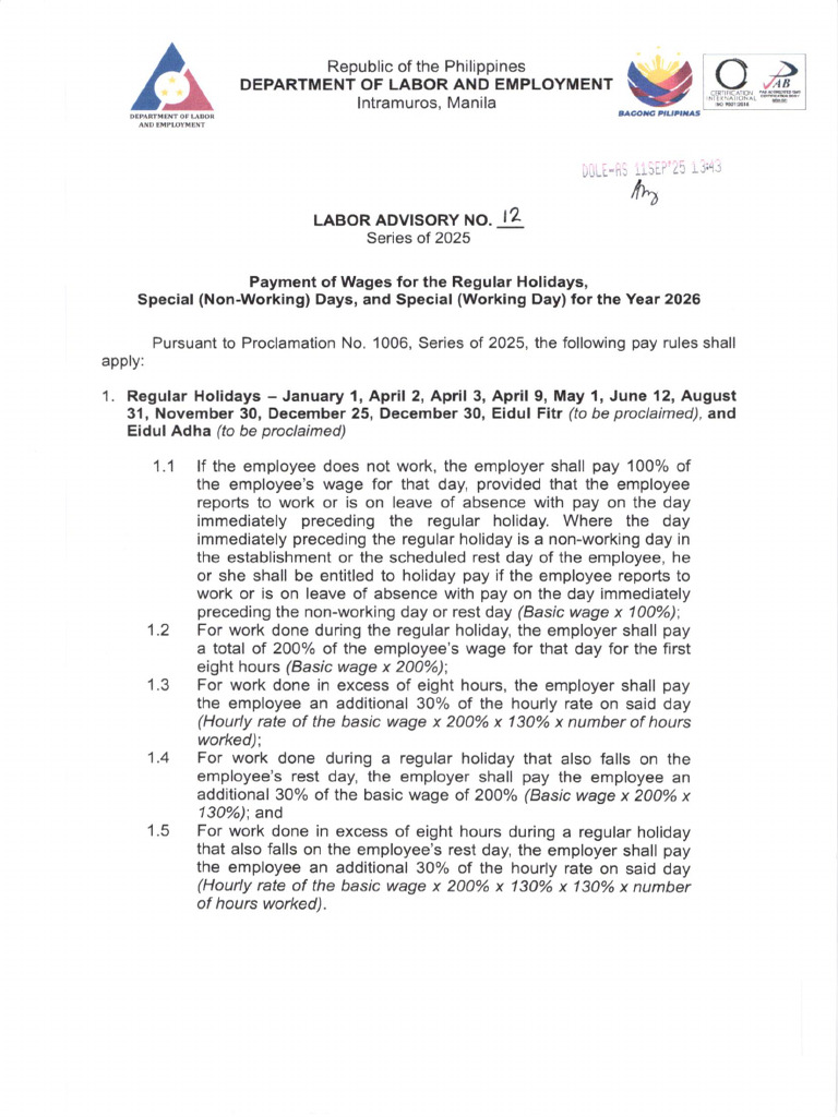 Labor Advisory No. 12 25 Payment of Wages For The Regular Holidays ...