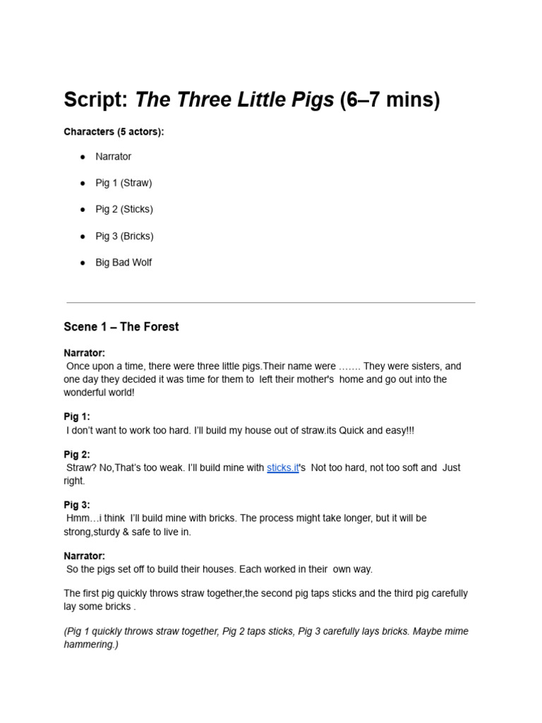 Script - The Three Little Pigs (6-7 Mins) | PDF