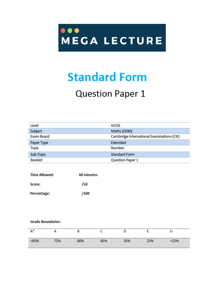 171 Standard Form - Cie Igcse Maths 0580-Ext Theor 251016 165338 | PDF ...