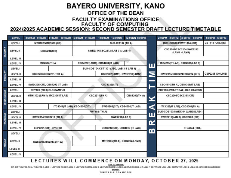 2nd Semester Draft Lecture Timetable | PDF | Educational Stages ...