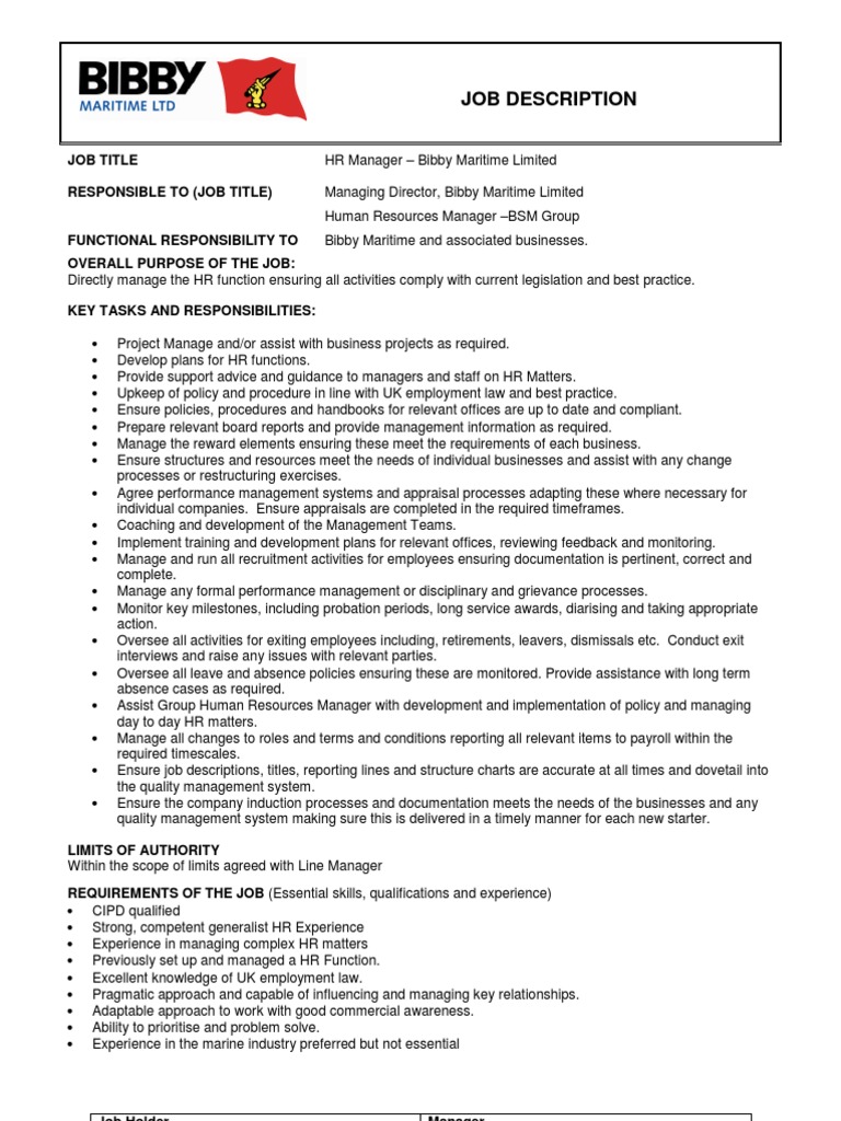 HR Manager Job Description BML | PDF | Human Resource Management ...