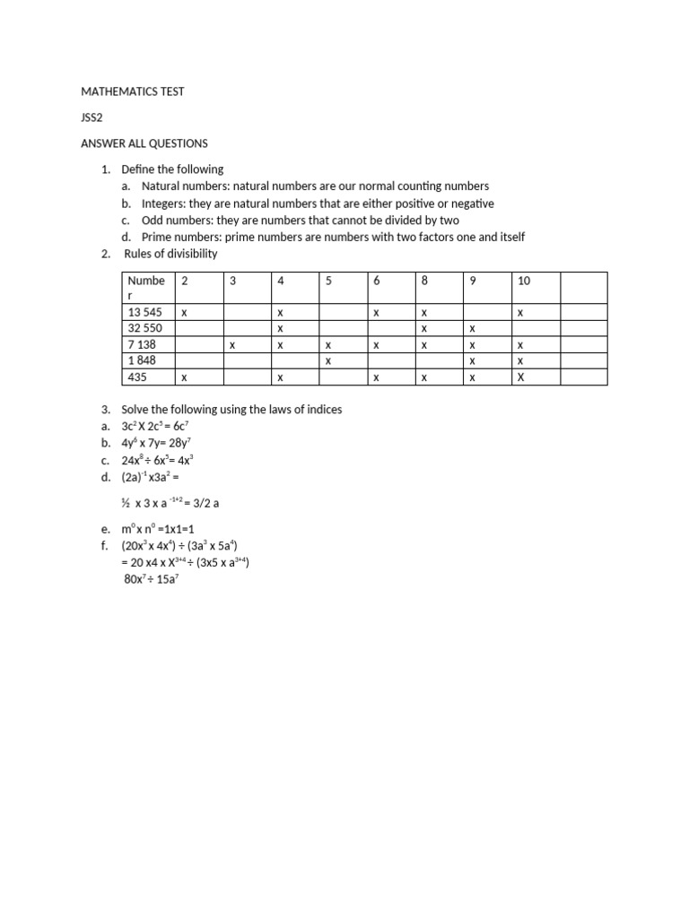JSS2 Mathematics Test Questions | PDF
