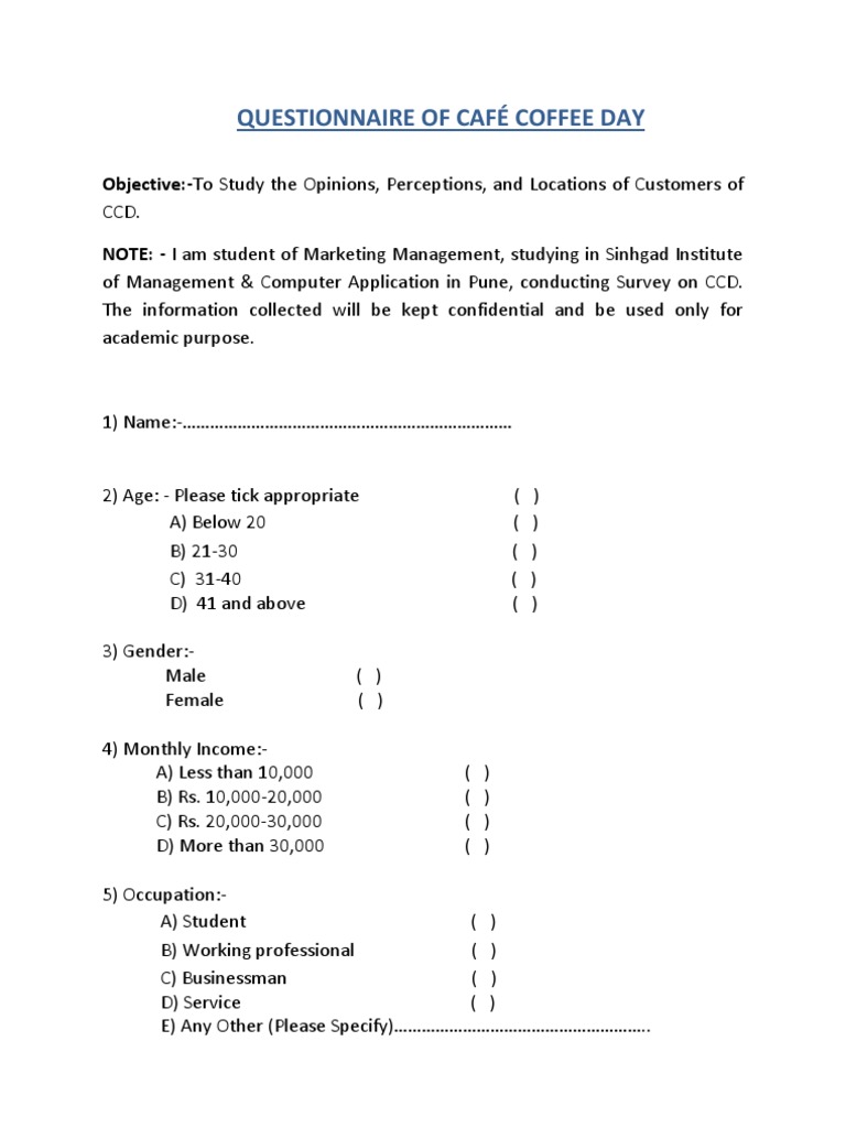 Final QUESTIONNAIRE OF CAFÉ COFFEE DAY | PDF | Coffeehouse | Coffee