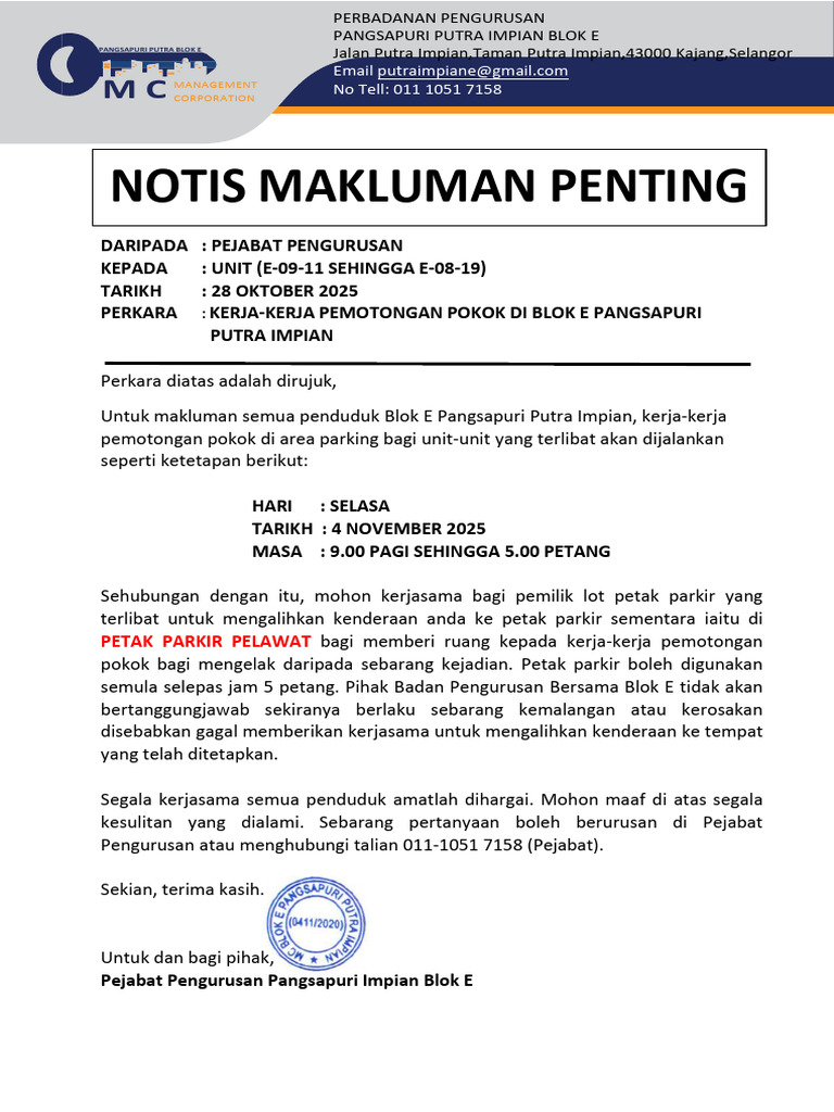 Notis Kerja Pemotongan Pokok | PDF