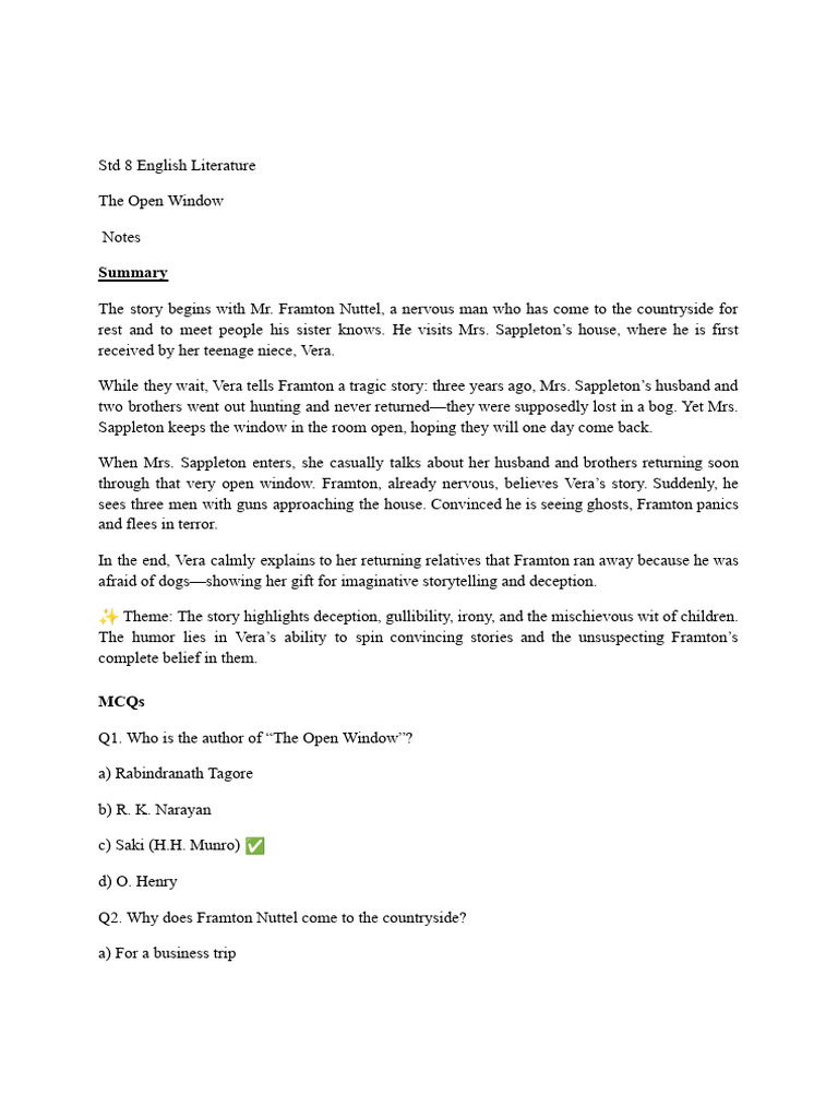 "The Open Window: Summary & Analysis" | PDF | Saki