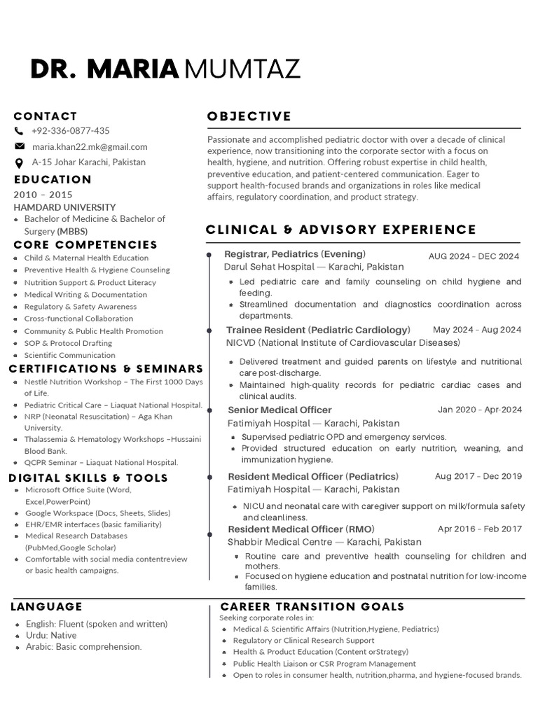 DR Maria Mumtaz Resume 2025 Updated BW | PDF | Medicine | Health Care