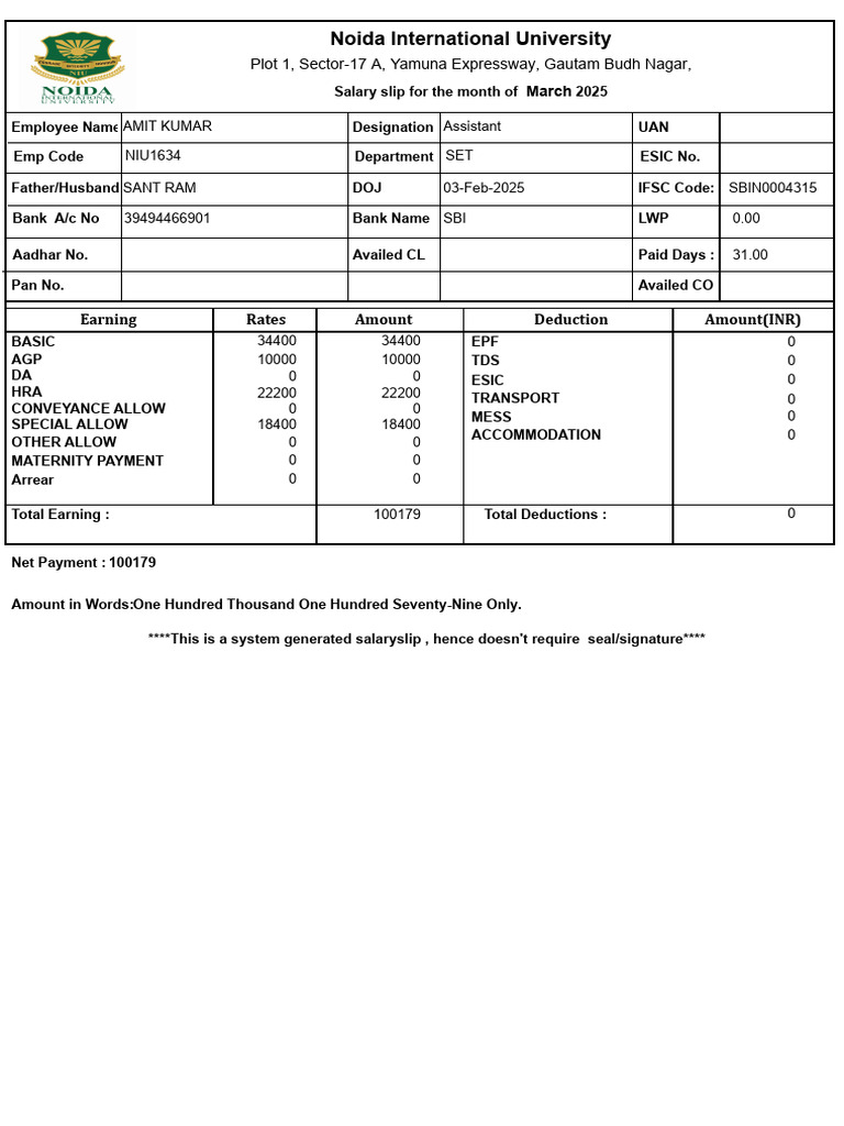 Noida International University: Amit Kumar NIU1634 Sant Ram 39494466901 ...