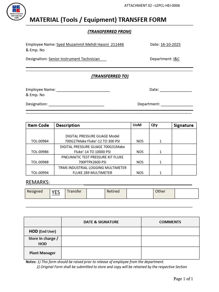 Material Transfer Form | PDF