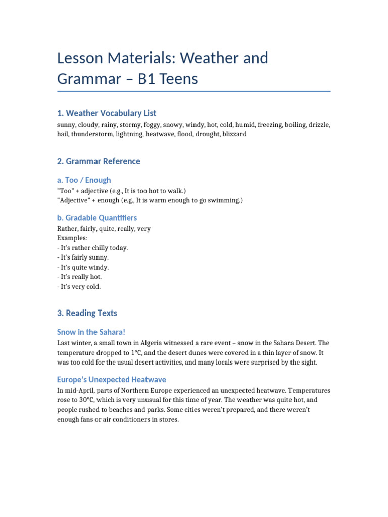 B1 Weather Lesson Full Materials | PDF | Weather | Rain