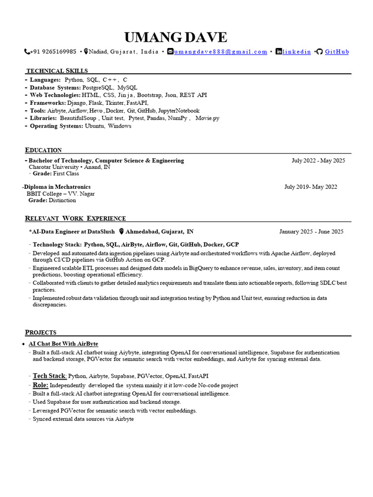 Umang Dave Resume | PDF | Information Science | Computing
